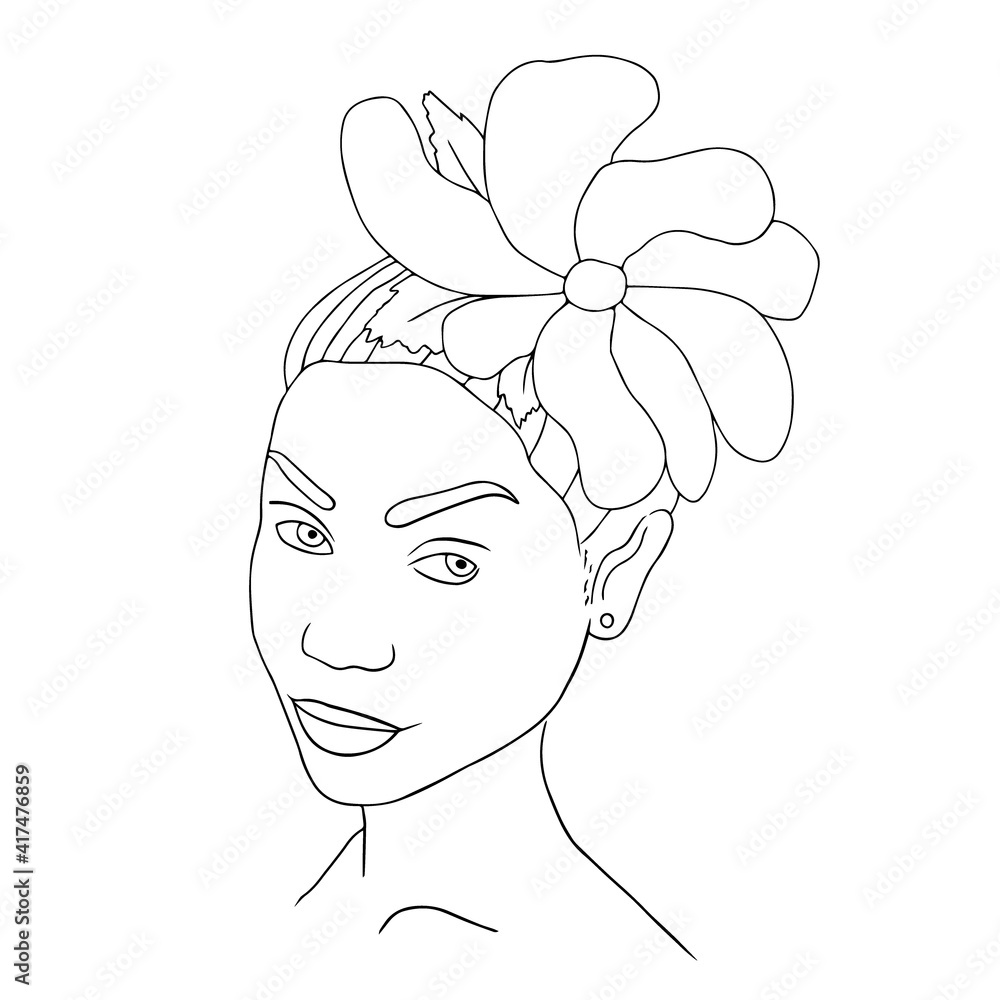 Abstract woman face with flower in hair one line drawing. Portrait ...
