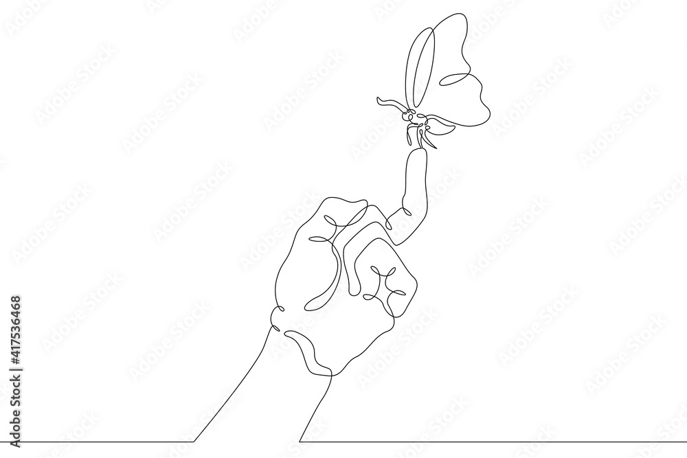 Butterfly sit on the human hand. Insect moth flying in the air. Open ...