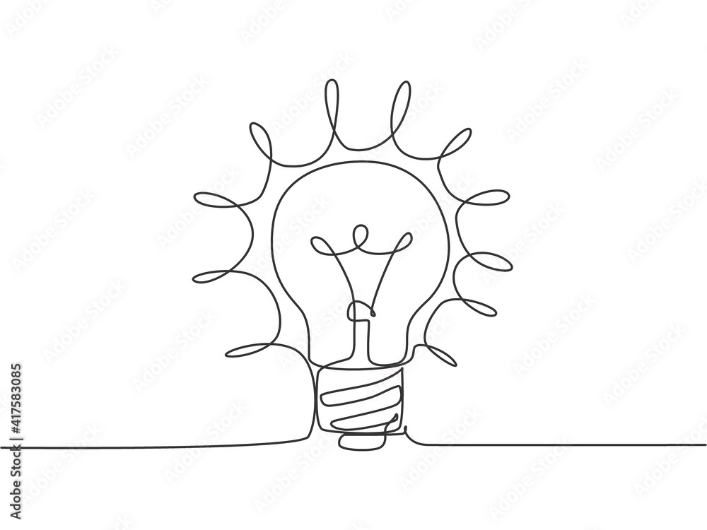 Single continuous line drawing of bright shinging lightbulb for logo ...