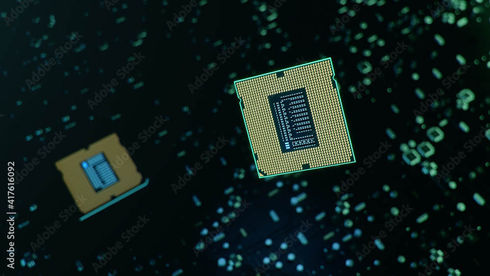 Technological background with CPU and circuit board. Flying CPU and ...