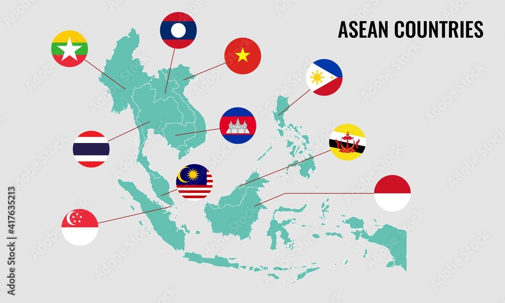 Vector illustration of 10 ASEAN Countries map and round flag. Malaysia ...