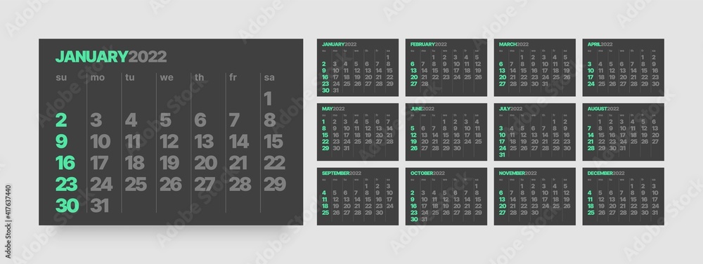 Monthly calendar template for 2022 year. Week Starts on Sunday. Wall ...