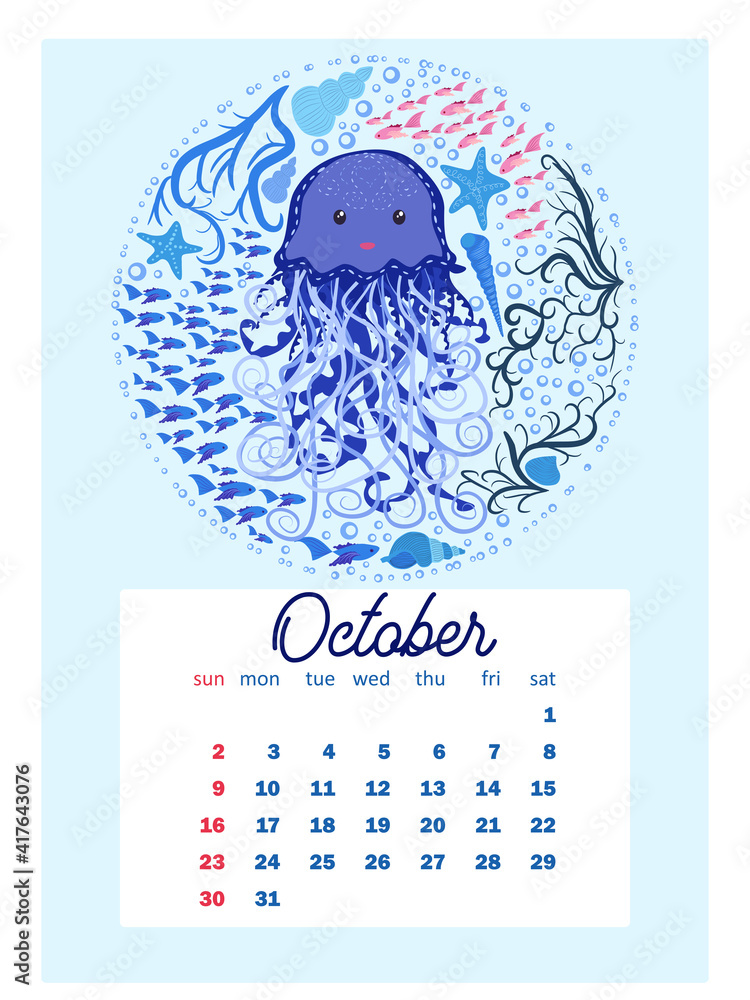 Marine life. calendar design template for 2022, A4 format. Week starts ...