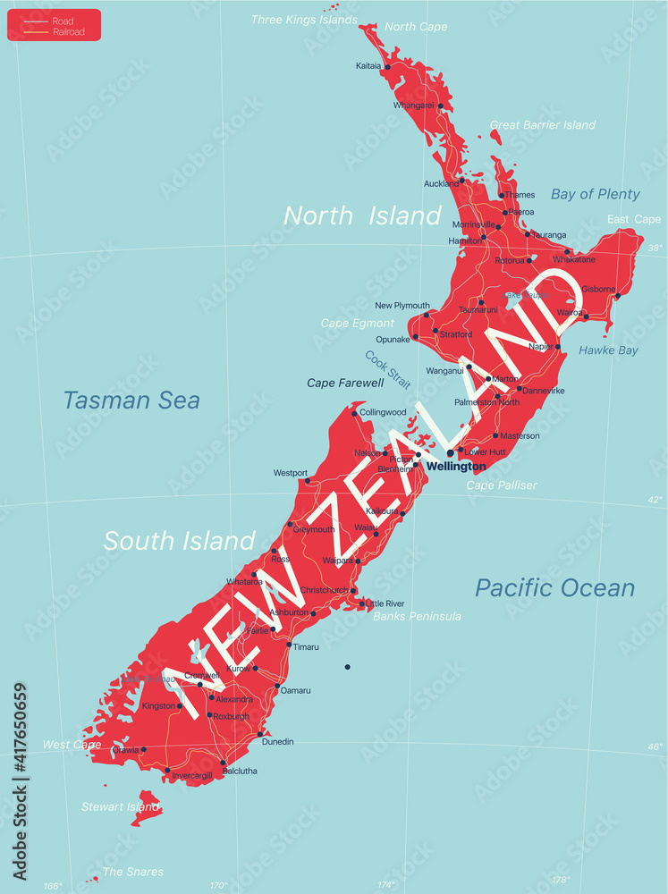 New Zealand detailed editable map with cities and towns, geographic ...