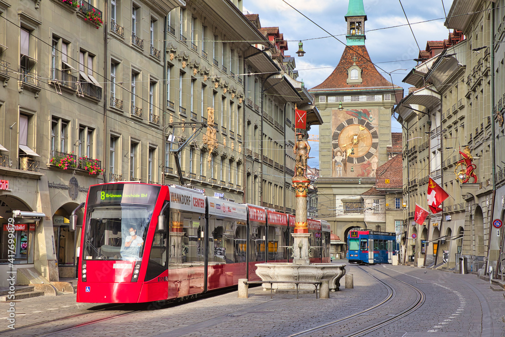 Bern, Switzerland - Aug 23, 2020: swiss bus and Zytglogge medieval ...