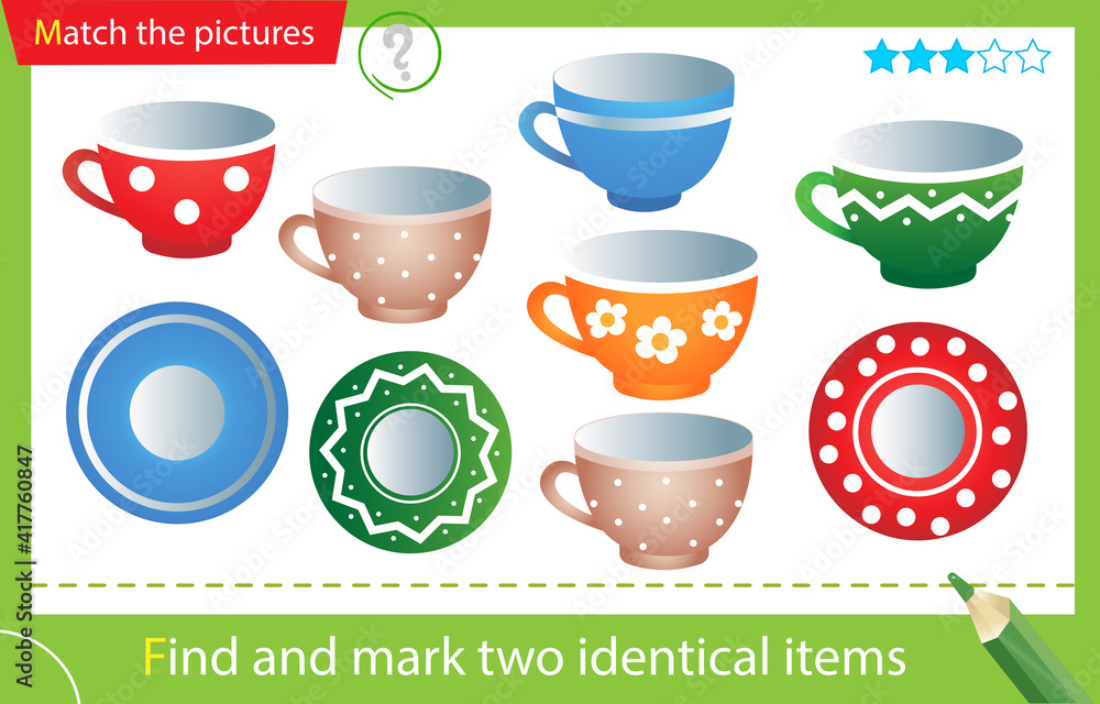 Find and mark two identical items. Puzzle for kids. Matching game ...