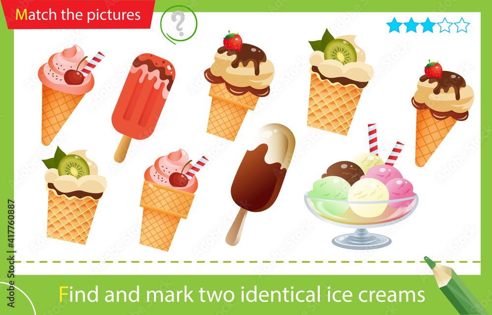 Find and mark two identical items. Puzzle for kids. Matching game ...