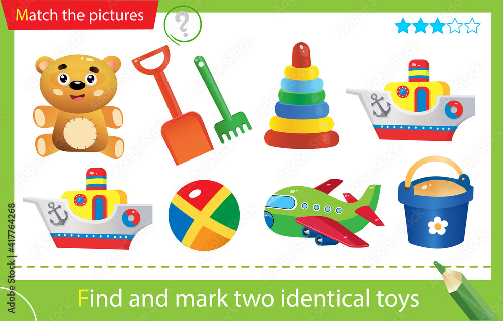 Find and mark two identical items. Puzzle for kids. Matching game ...