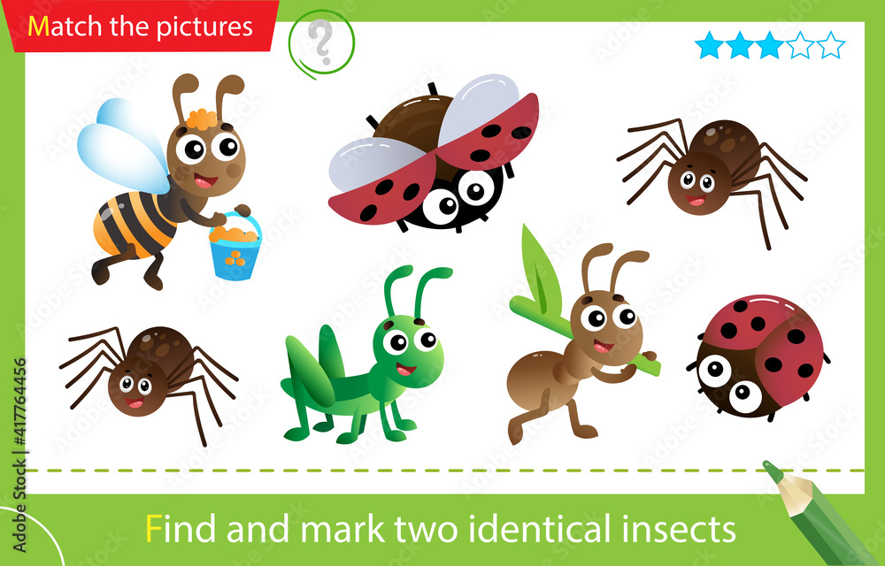 Find and mark two identical items. Puzzle for kids. Matching game ...