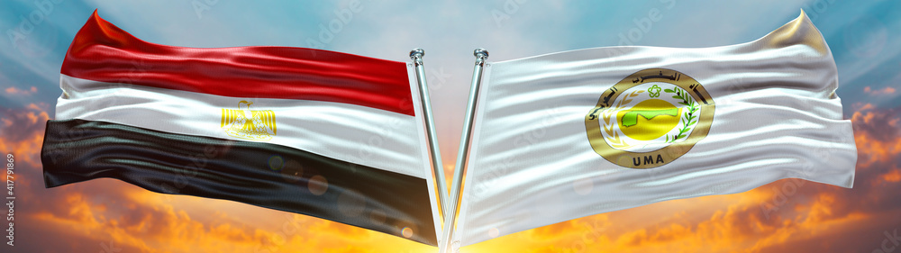 Egypt Flag and Arab Maghreb Union Flag waving with texture Blue sky ...