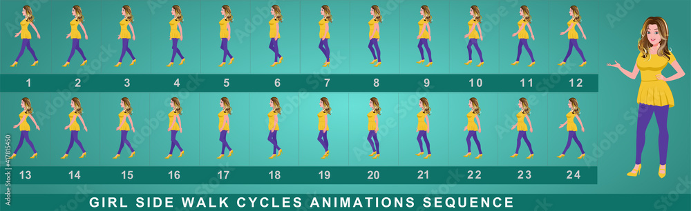 Girl Character side Walk Cycle Animation Sequence. Frame by frame ...