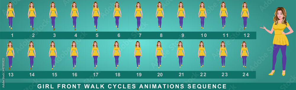 Girl Character Front Walk Cycle Animation Sequence. Frame by frame ...