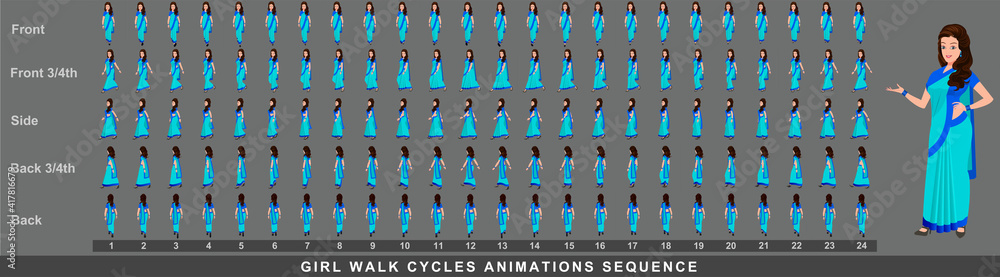 Girl Character Front Walk Cycle Animation Sequence. Frame by frame ...