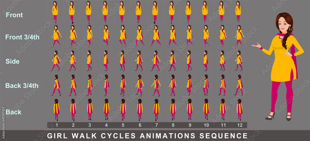 Vector de Stock Girl Character Front Walk Cycle Animation Sequence ...