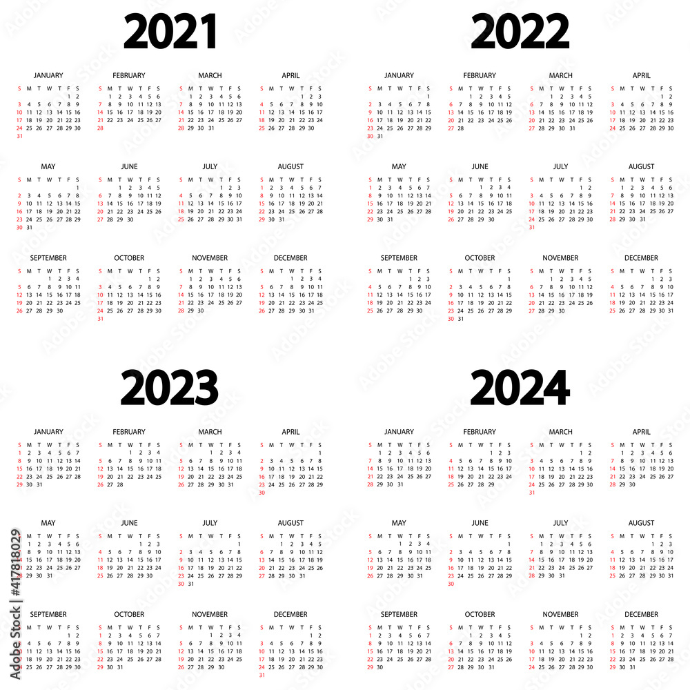 Calendar 2021, 2022, 2023, 2024 year. The week starts on Sunday. Annual ...