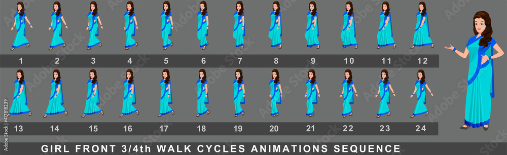 Girl Character Front Walk Cycle Animation Sequence. Frame by frame animation sprite sheet of ...
