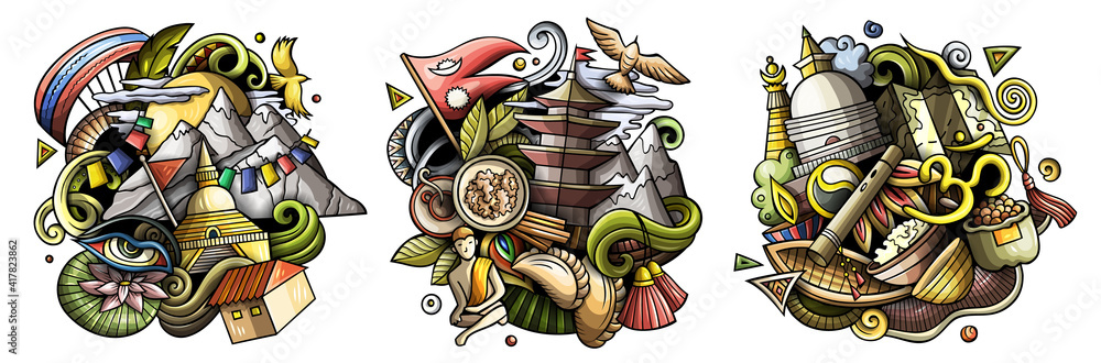 Nepal cartoon vector doodle designs set. Stock Vector | Adobe Stock