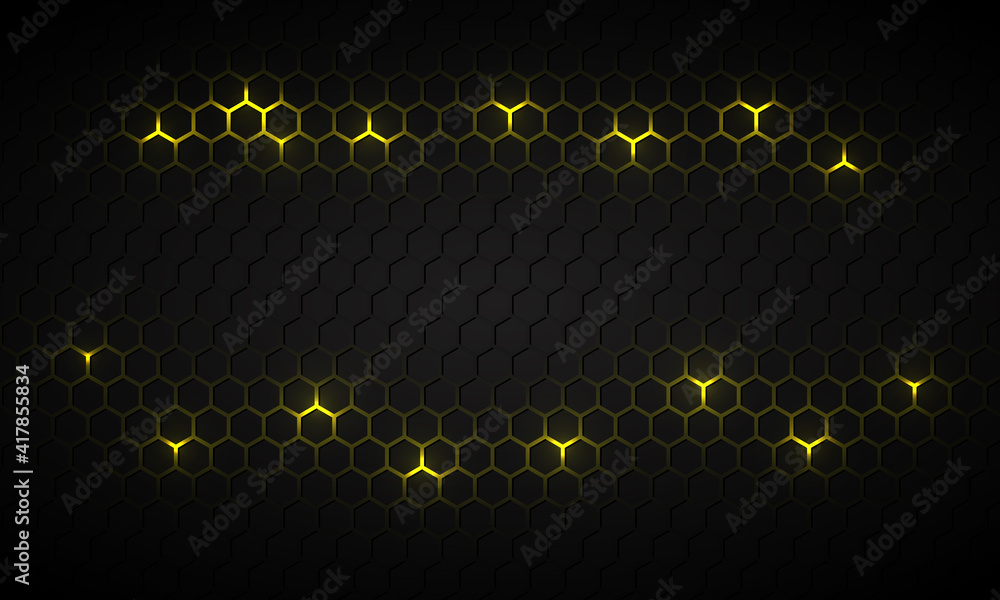 Black hexagonal technology abstract vector background with yellow bright energy flashes under ...