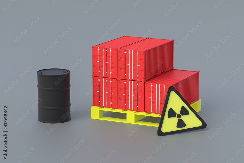 Freight container on pallet near barrel and sign of radiation. The ...