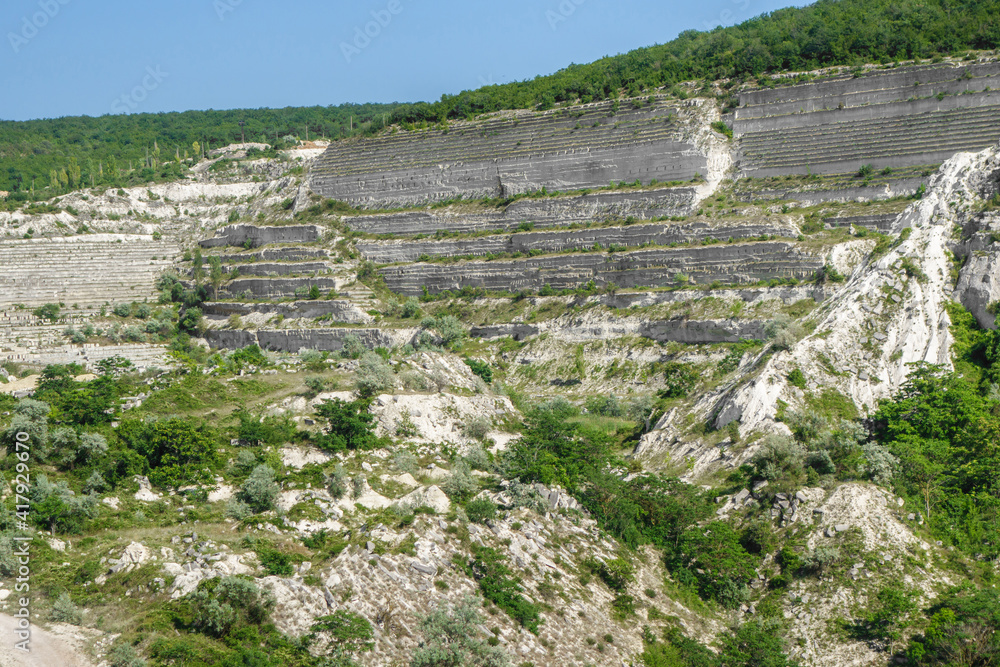 Panorama of industrial open pit mine with paths of mechanical works ...