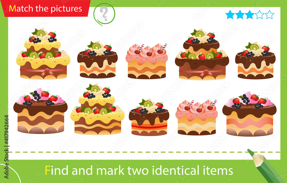 Vetor Find and mark two identical items. Puzzle for kids. Matching game ...