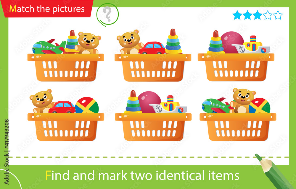 Find and mark two identical items. Puzzle for kids. Matching game ...
