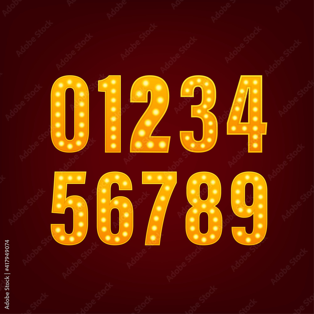 Number light on dark background. Golden metal number. Blue background ...