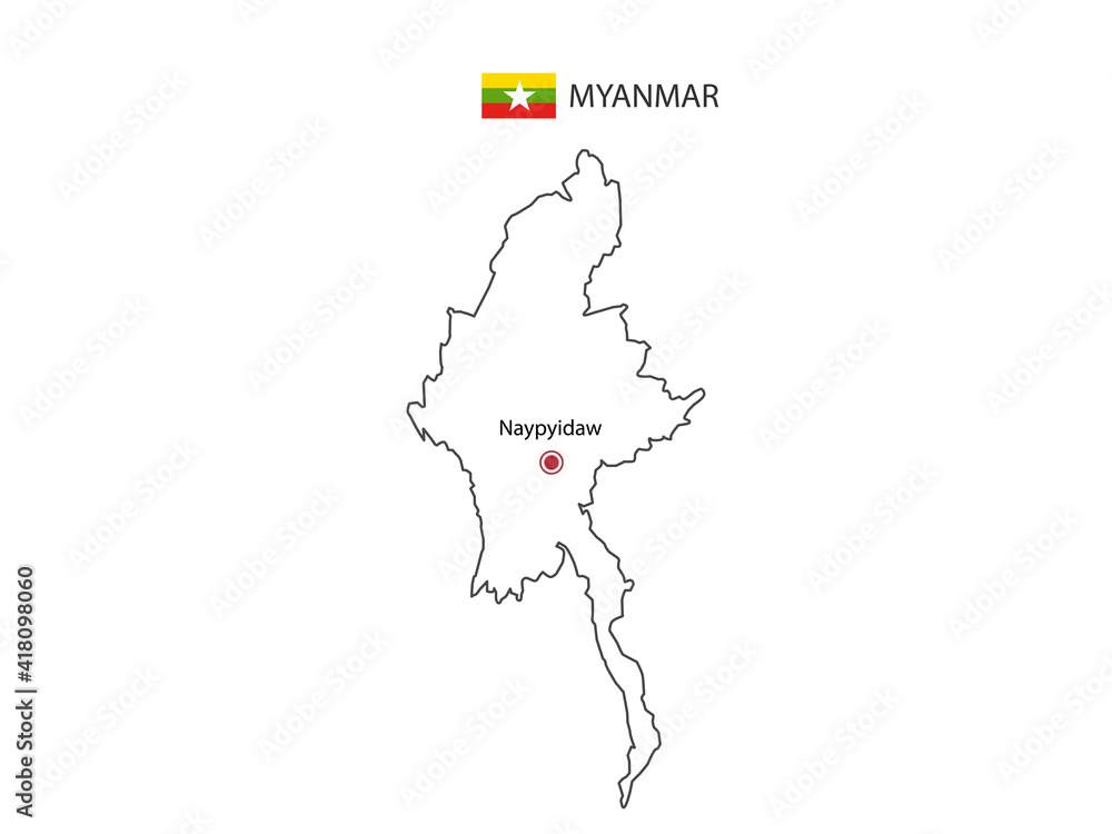 Hand draw thin black line vector of Myanmar Map with capital city ...