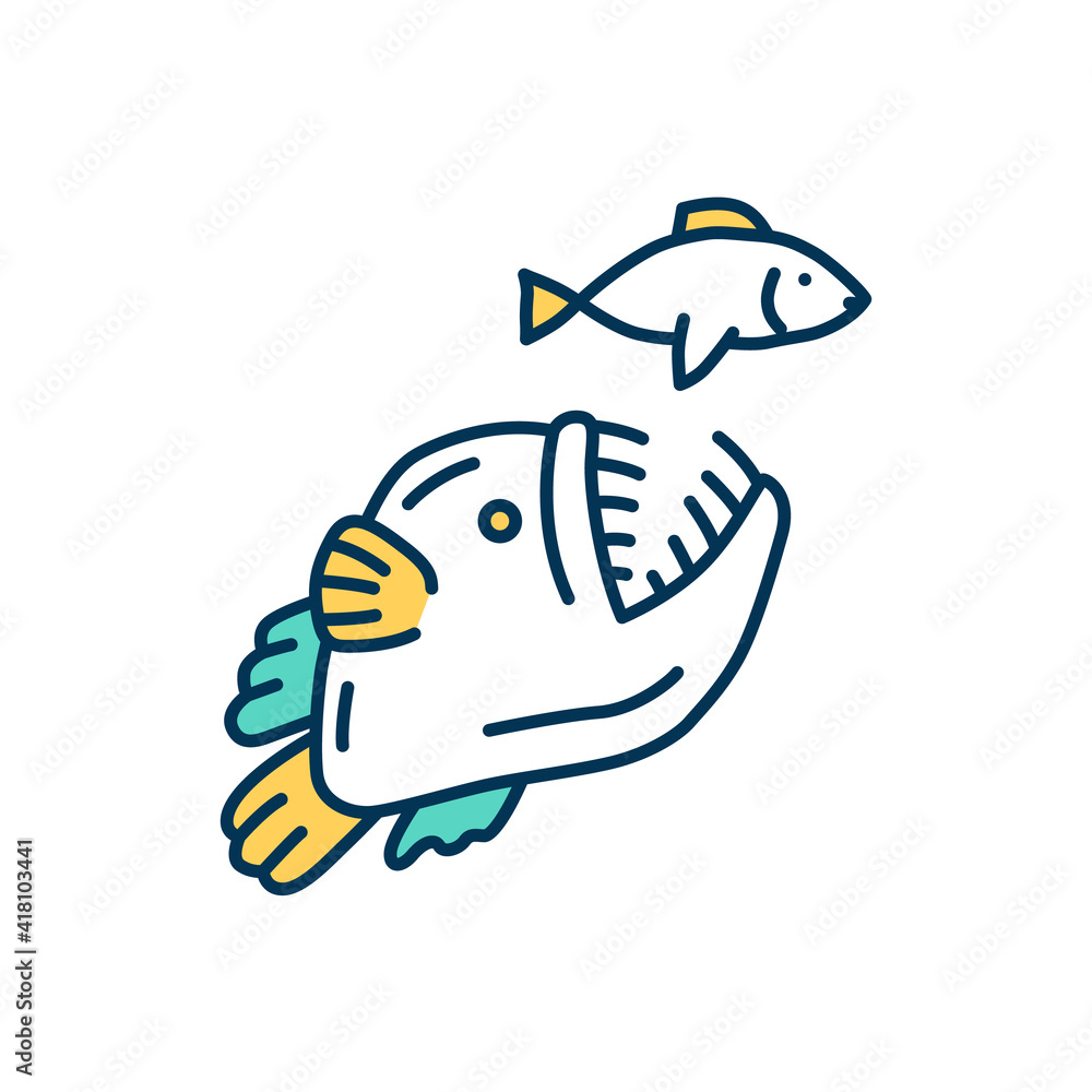 Aquatic food web RGB color icon. Organisms connection in marine ...