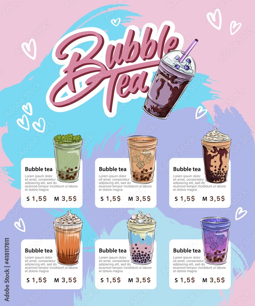 Bubble Tea Menu Design Bubble Tea Menu Graphic Template Stock Vector