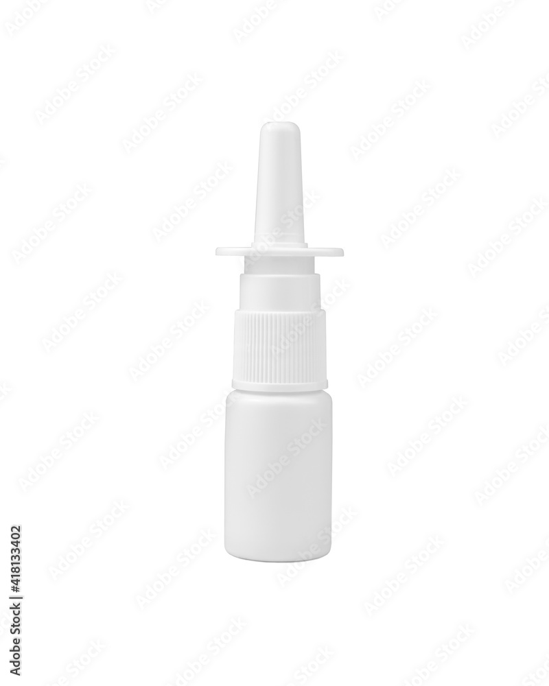 Nasal spray plastic bottle isolated on white background. Pharmaceutical ...