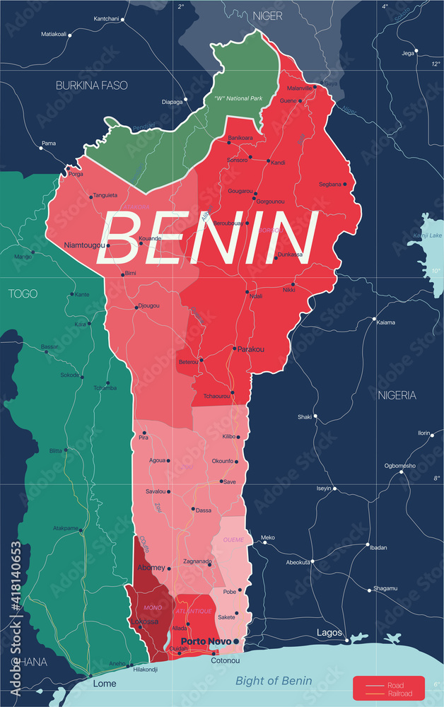 Benin country detailed editable map with regions cities and towns ...