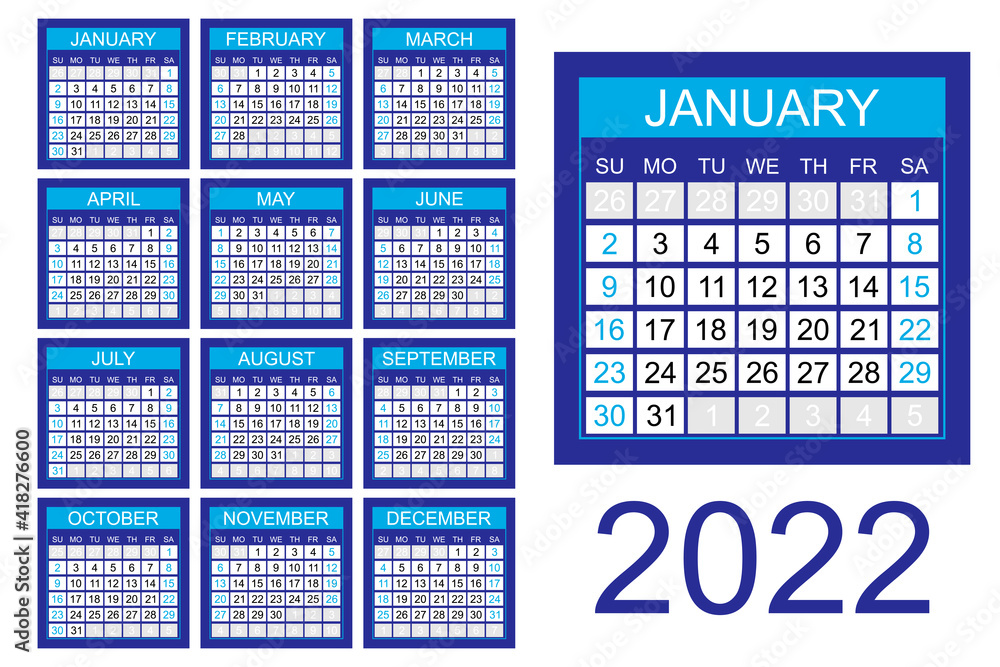 Calendar 2022 yearly. Week starts on Sunday. Vector illustration. Stock ...
