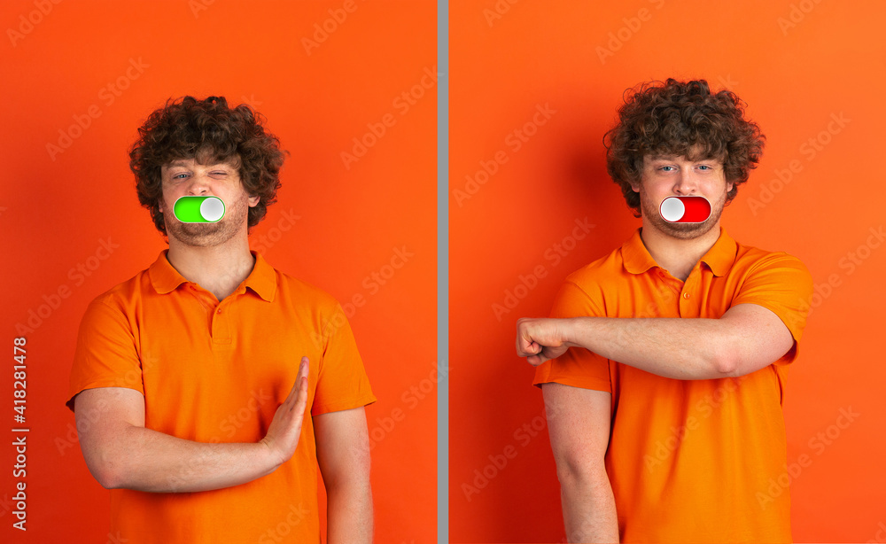 Anger management. Mood switch on male face. Happy and angry, splitting ...