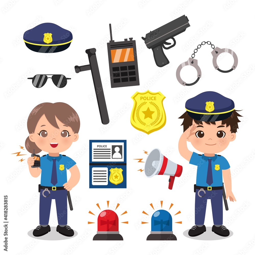 Cute female and male police officer with equipment set. Flat vector ...