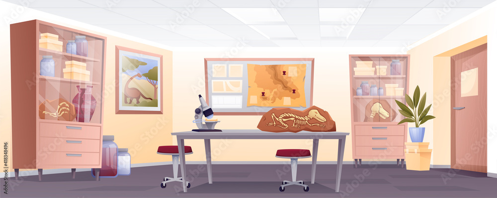 Paleontology lab interior background. Extinct dinosaur bones on desk ...