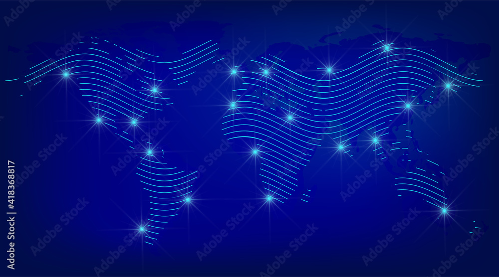 World map with a dynamic waves. Waves World map with spotlights on dark ...