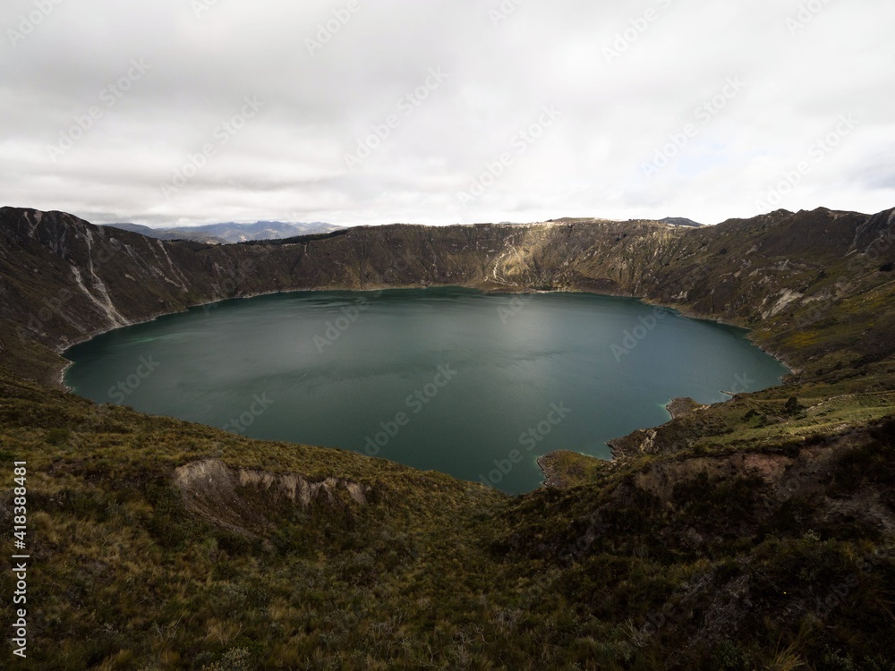 Panorama view of andean volcano caldera crater lake Quilotoa rim ridge ...