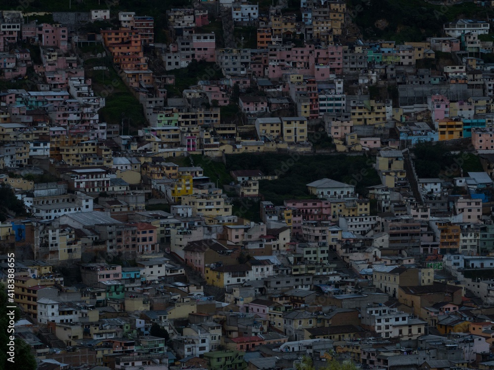 Aerial cityscape panorama skyline colorful houses buildings poverty slums from El Panecillo ...