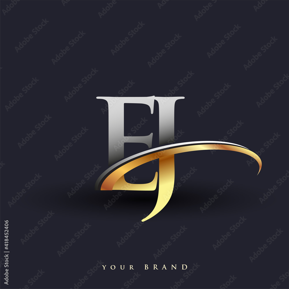 EJ initial logo company name colored gold and silver swoosh design ...