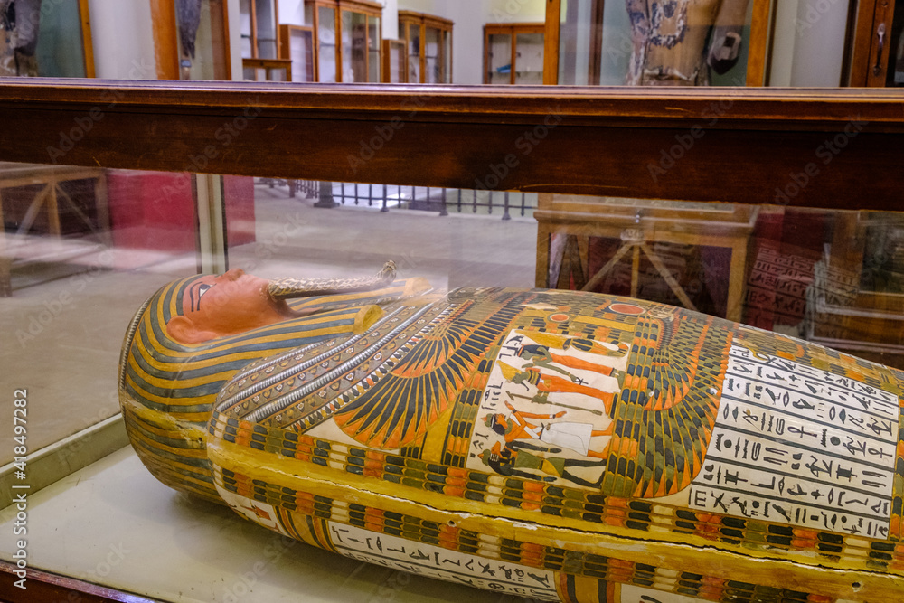 Stock-Foto „Ancient Egyptian sarcophagi and mummy caskets displayed in ...