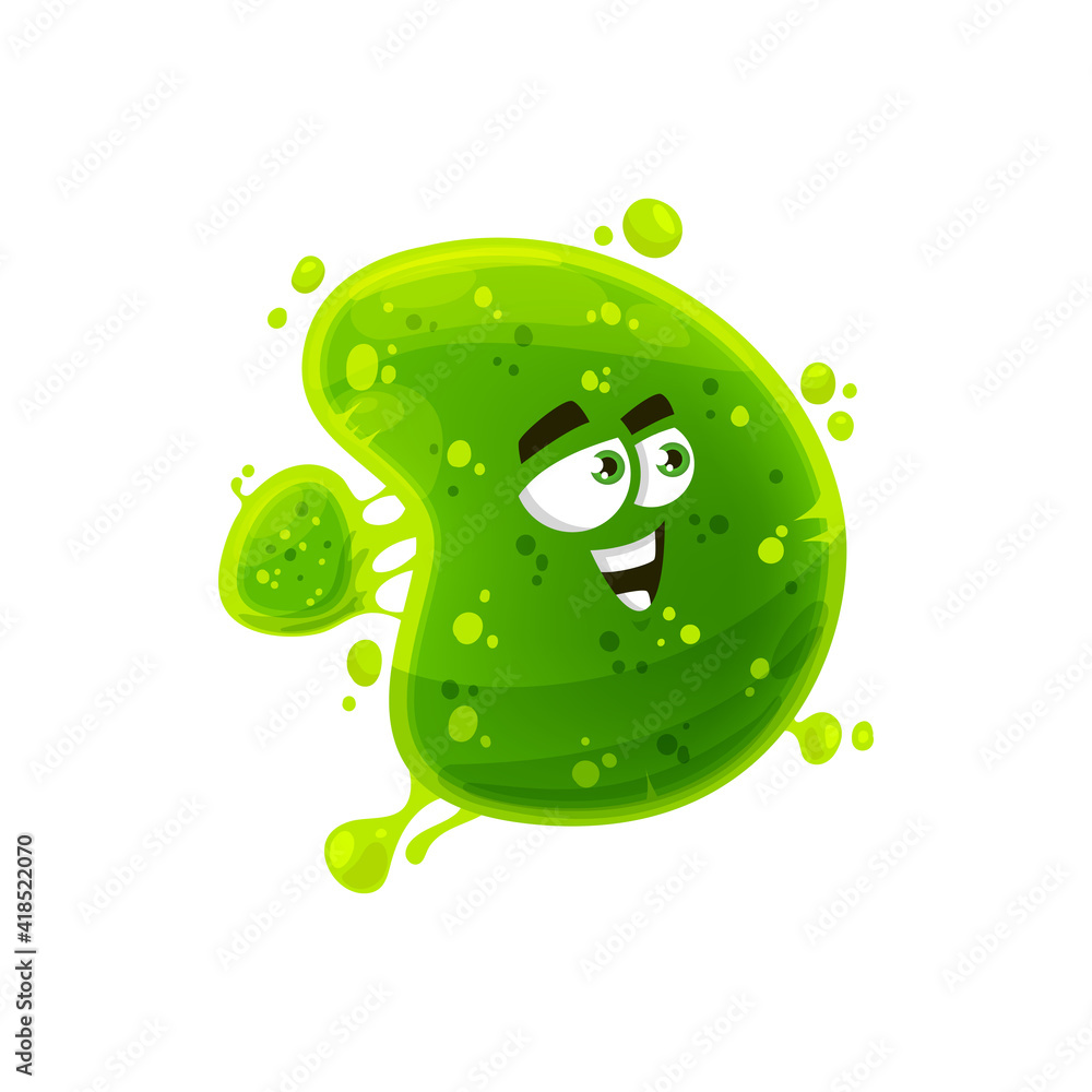 Bacterial funny pathogen, green smiling monster isolated cartoon germ ...