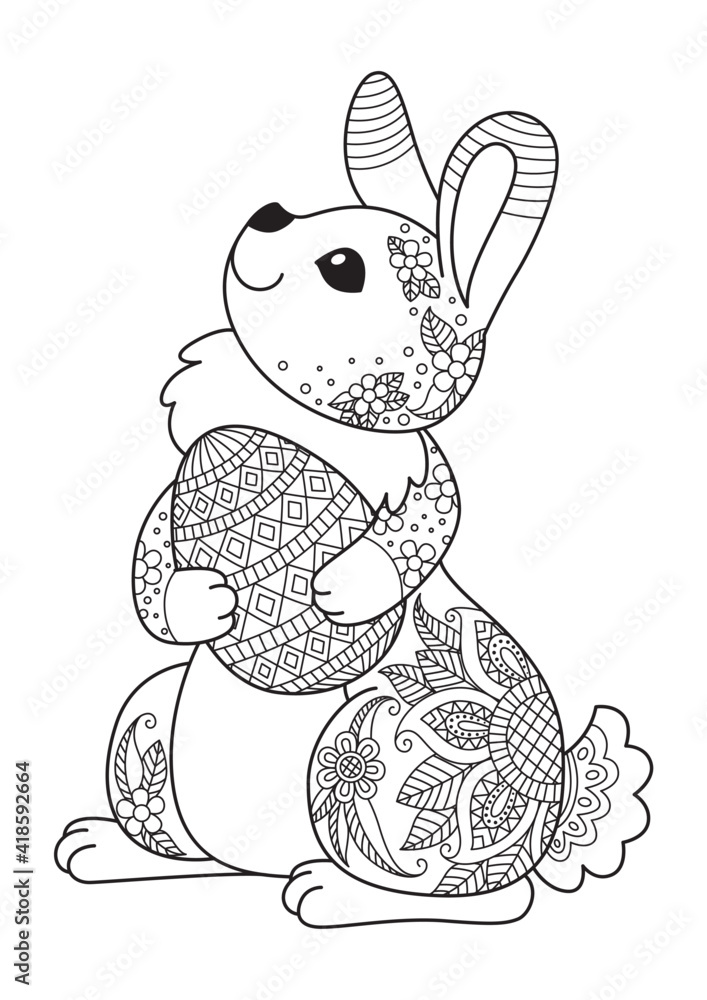 Easter bunny with egg doodle coloring book page. Antistress zentangle ...