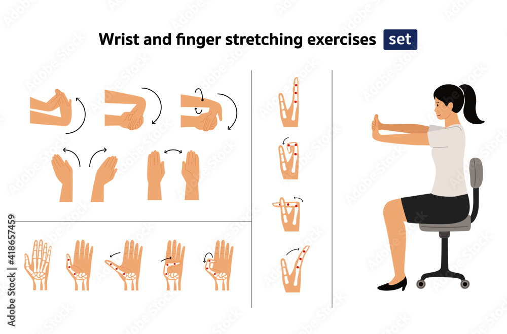 wrist and finger stretching exercises set, woman sit on chair doing ...