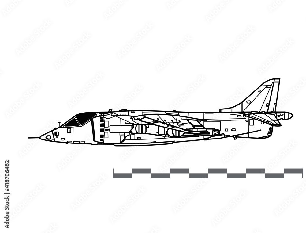 Hawker Siddeley Harrier GR.1, AV-8A, Matador. Vector drawing of VSTOL ...