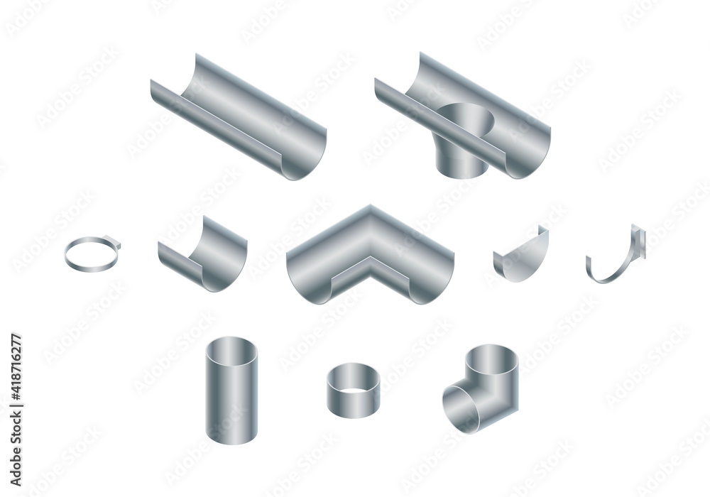 Isometric vector illustration rain gutter elements isolated on white ...