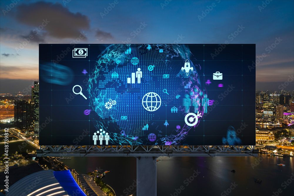 Information flow hologram on road billboard, night panorama city view ...
