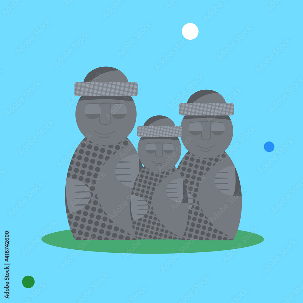 Vector flat illustration of stone statues (hareubang) of Jeju island in ...