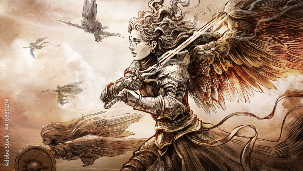angelic army, made in the style of a pencil sketch, it depicts a ...