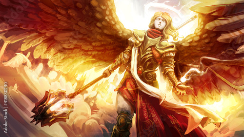 beautiful young angel girl in heavy gold plate armor, with beautiful ...